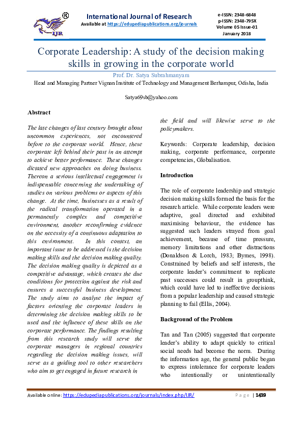 (PDF) Corporate Leadership: A study of the decision making skills in ...