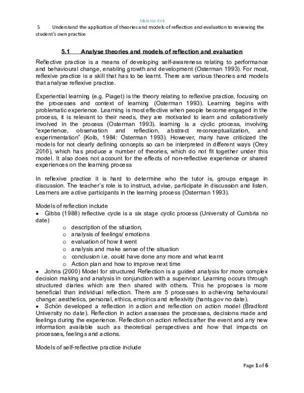 (DOC) 5.1 Analyse theories and models of reflection and evaluation