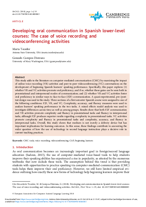 (PDF) Developing oral communication in Spanish lower-level courses: The ...