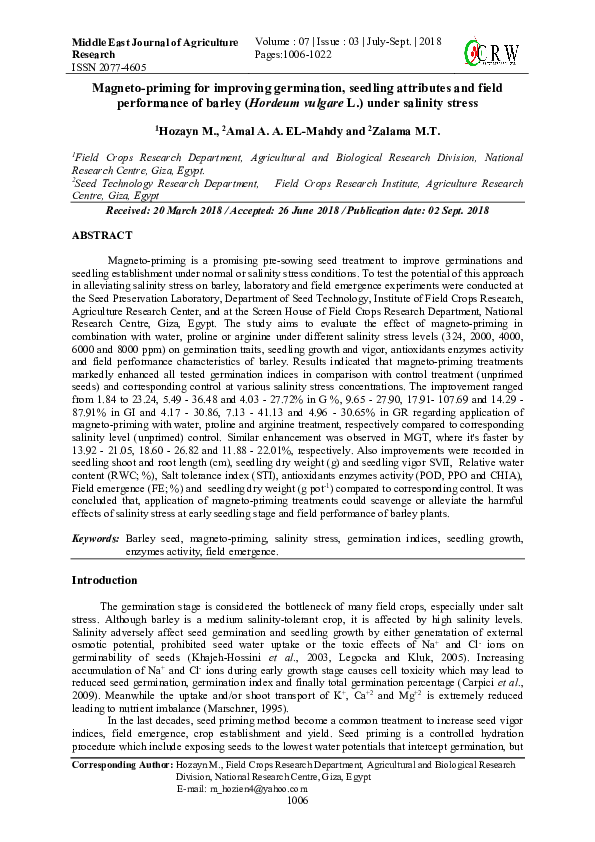 (PDF) Magneto priming for improving germination seedling attributes and ...