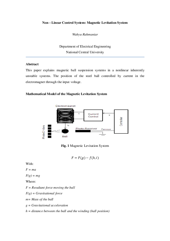 (PDF) Non-Linear Control Application: Magnetic Levitation System