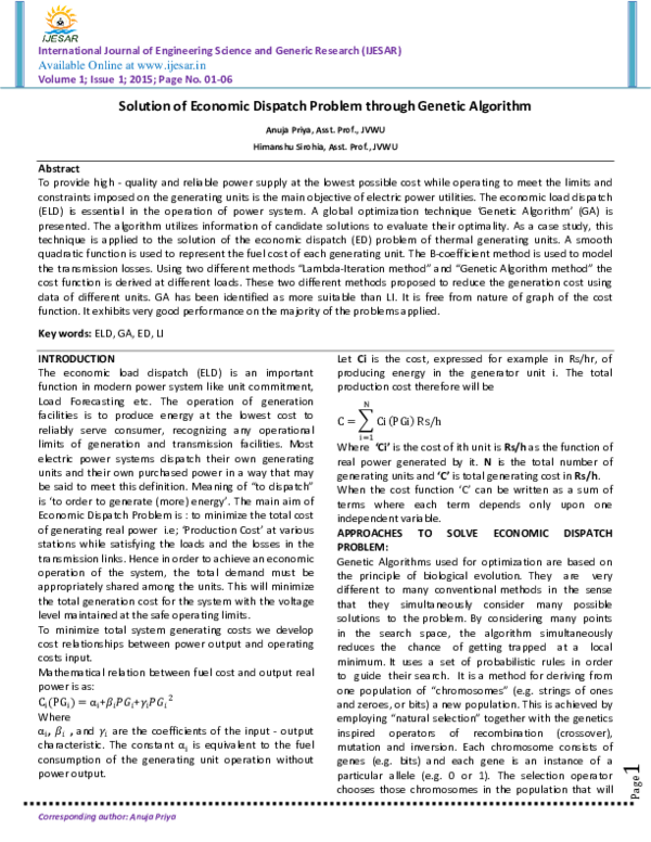 Pdf Solution Of Economic Dispatch Problem Through Genetic Algorithm