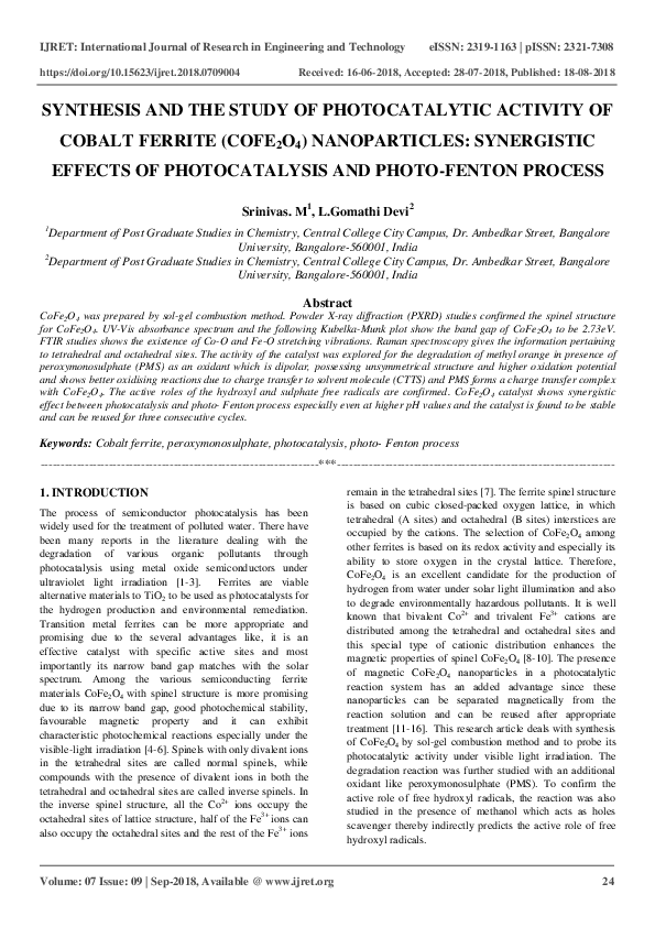 (PDF) SYNTHESIS AND THE STUDY OF PHOTOCATALYTIC ACTIVITY OF COBALT FERRITE (COFE 2 O 4 ...