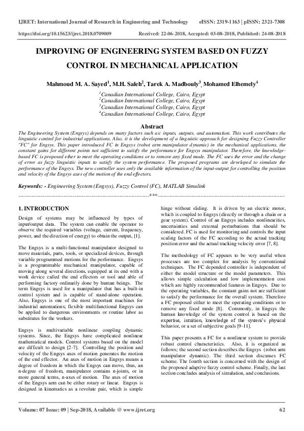 (PDF) IMPROVING OF ENGINEERING SYSTEM BASED ON FUZZY CONTROL IN MECHANICAL APPLICATION