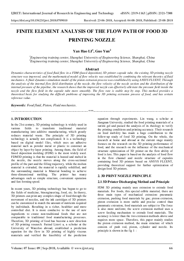(PDF) FINITE ELEMENT ANALYSIS OF THE FLOW PATH OF FOOD 3D PRINTING NOZZLE