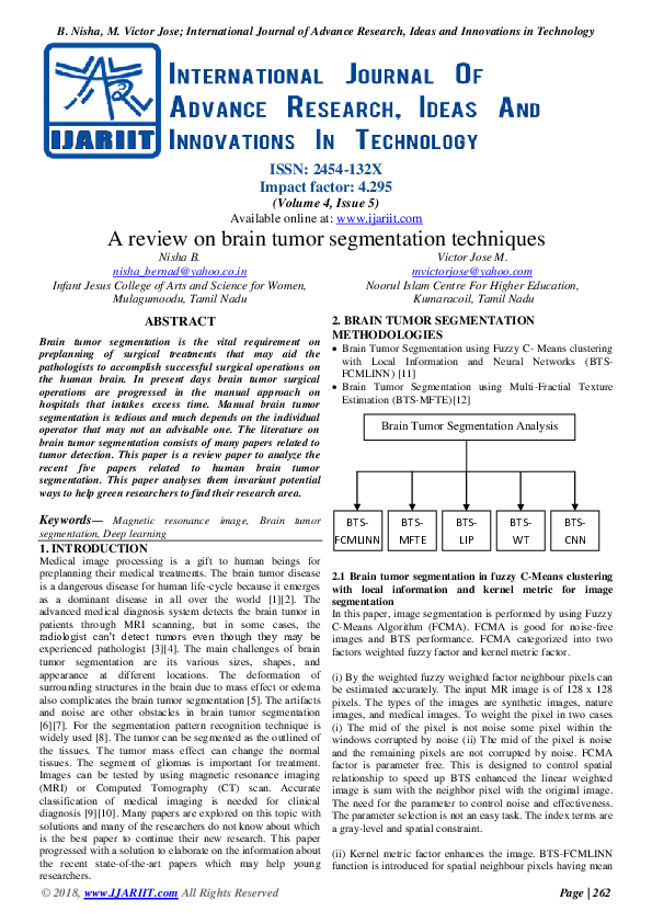 Pdf A Review On Brain Tumor Segmentation Techniques