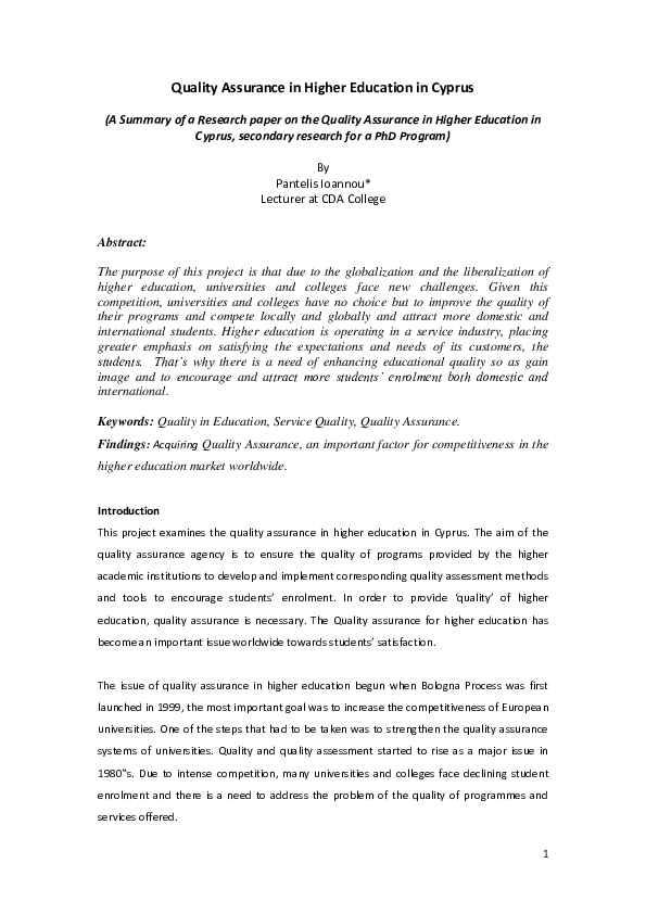 (PDF) Quality Assurance in Higher Education in Cyprus (A Summary of a ...