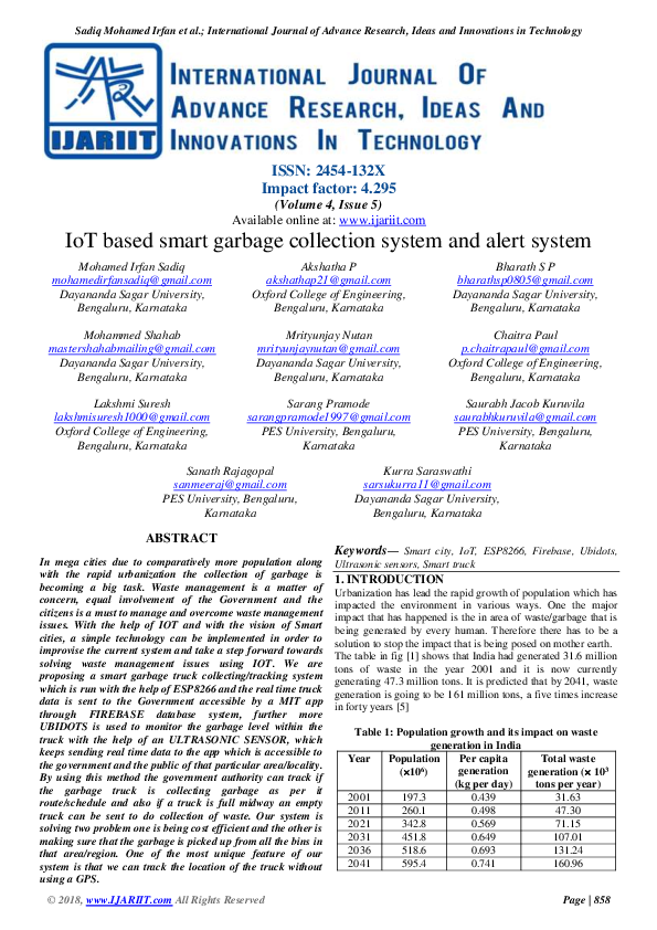 Pdf Iot Based Smart Garbage Collection System And Alert System