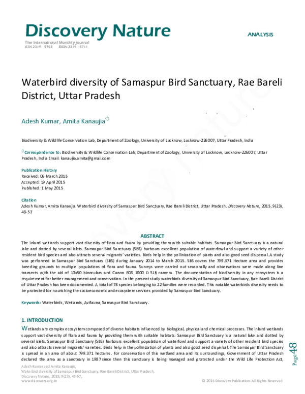 (PDF) Waterbird diversity of Samaspur Bird Sanctuary, Rae Bareli ...