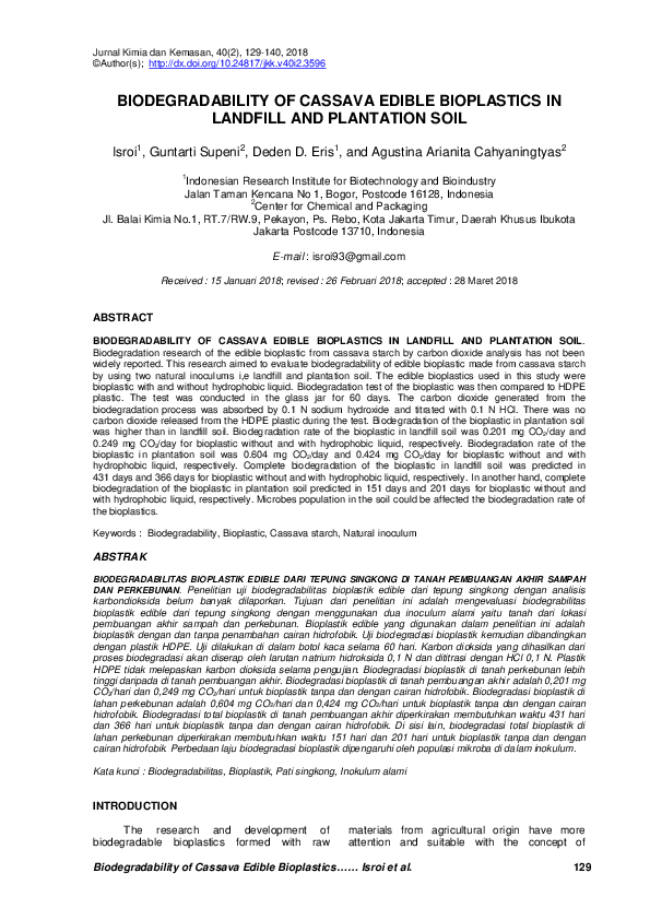 (PDF) BIODEGRADABILITY OF CASSAVA EDIBLE BIOPLASTICS IN LANDFILL AND ...