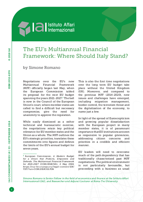 (PDF) The EU's Multiannual Financial Framework: Where Should Italy Stand