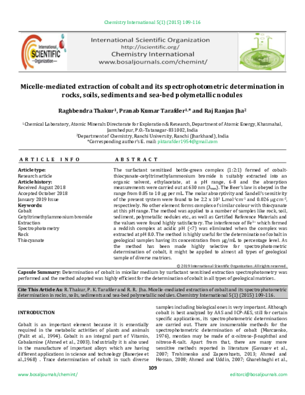 Pdf Micelle Mediated Extraction Of Cobalt And Its Spectrophotometric Determination In Rocks