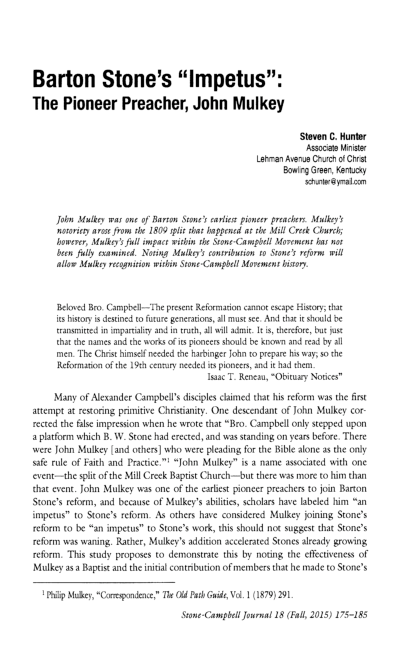 (PDF) Barton Stones "Impetus": The Pioneer Preacher, John Mulkey