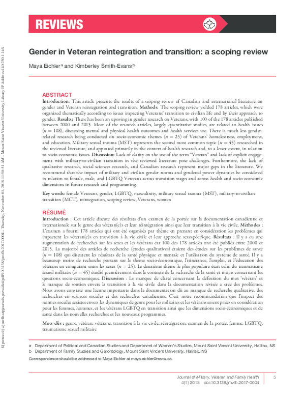 (PDF) Gender in Veteran reintegration and transition: a scoping review