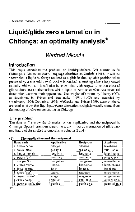 (PDF) Liquid/glide zero alternation in Chitonga: an optimality analysis