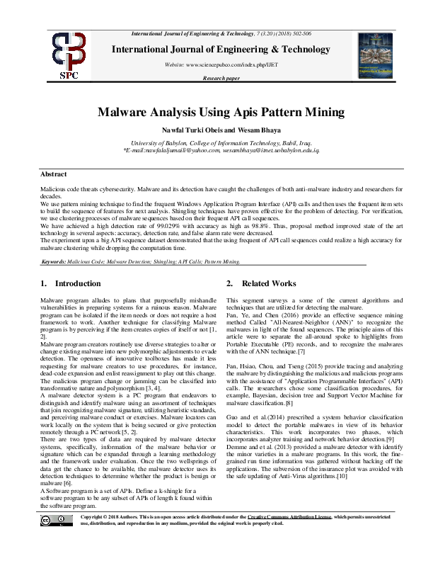 Pdf Malware Analysis Using Apis Pattern Mining Dr Wesam S Bhaya