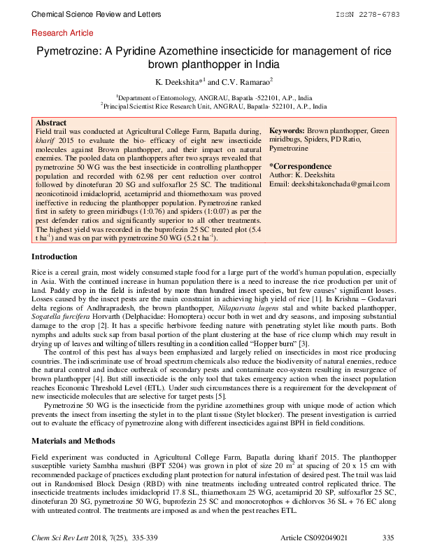 (PDF) Pymetrozine: A Pyridine Azomethine insecticide for management of ...