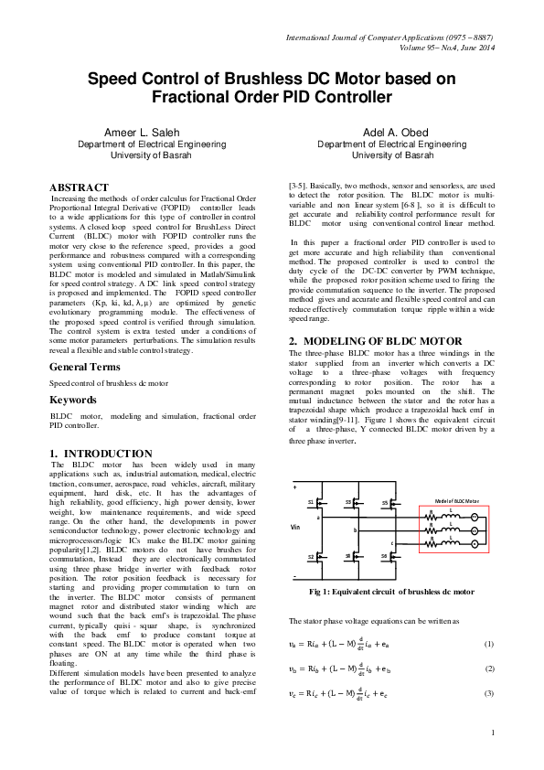 Pdf Speed Control Of Brushless Dc Motor Based On Fractional Order Pid