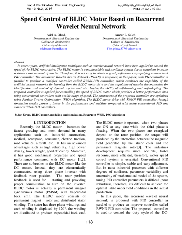 Pdf Speed Control Of Bldc Motor Based On Recurrent Wavelet Neural Network
