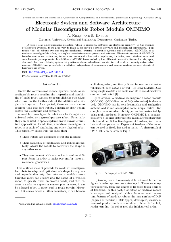Pdf Electronic System And Software Architecture Of Modular Reconfigurable Robot Module Omnimo