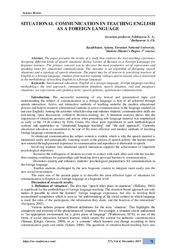 (PDF) SITUATIONAL COMMUNICATION IN TEACHING ENGLISH AS A FOREIGN LANGUAGE