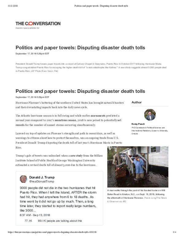 (PDF) Politics and paper towels: Disputing disaster death tolls