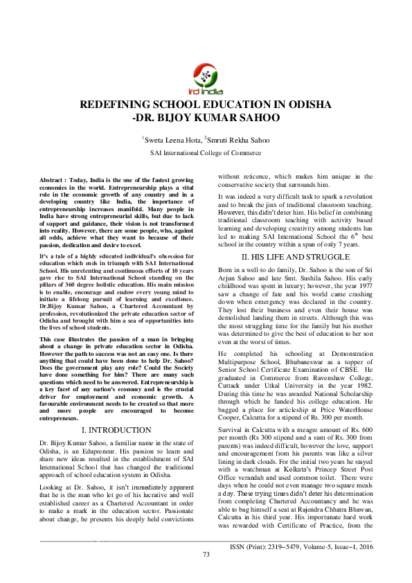 (PDF) REDEFINING SCHOOL EDUCATION IN ODISHA -DR. BIJOY KUMAR SAHOO