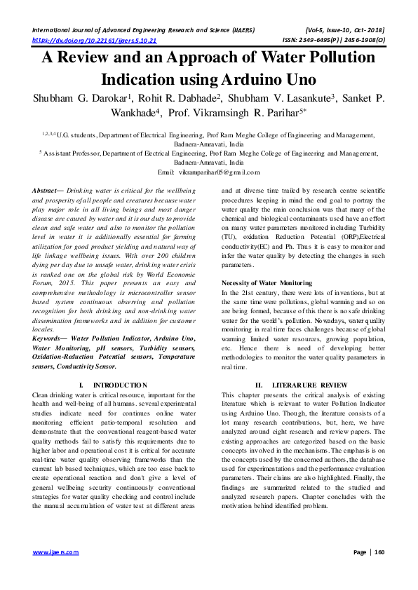 Pdf A Review And An Approach Of Water Pollution Indication Using Arduino Uno