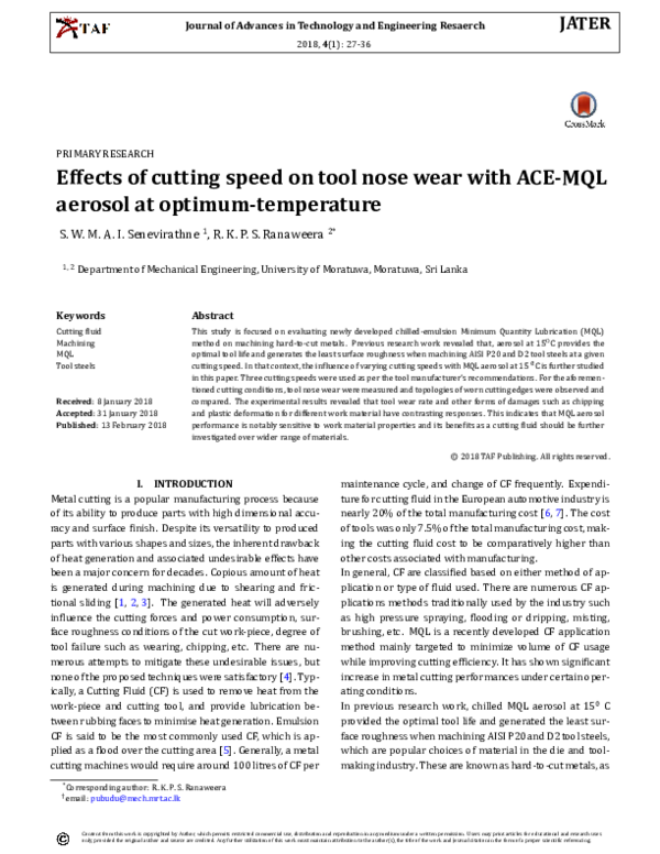 (PDF) Effects of cutting speed on tool nose wear with ACE-MQL aerosol at optimum-temperature