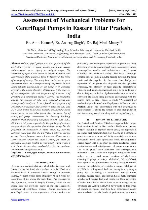 (PDF) Assessment of Mechanical Problems for Centrifugal Pumps in ...