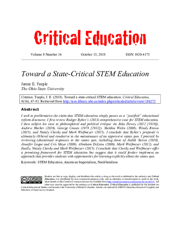 (PDF) Toward a State-Critical STEM Education | Jamie E Teeple ...
