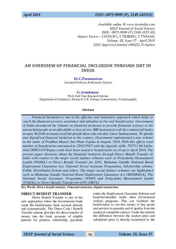 (PDF) AN OVERVIEW OF FINANCIAL INCLUSION THROUGH DBT IN INDIA