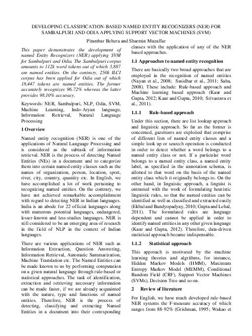 Pdf Developing Classification Based Named Entity Recognizers Ner For Sambalpuri And Odia