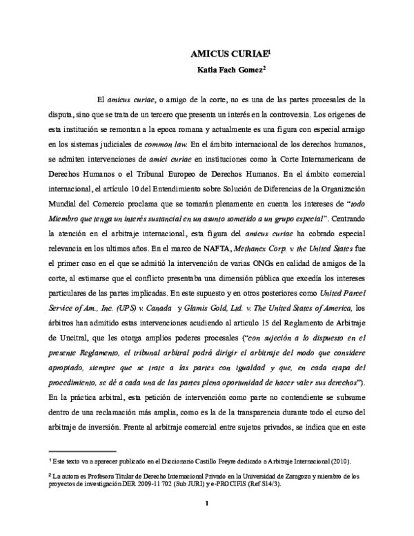 (PDF) Definition of Amicus Curiae in Investment Arbitration (in Spanish)