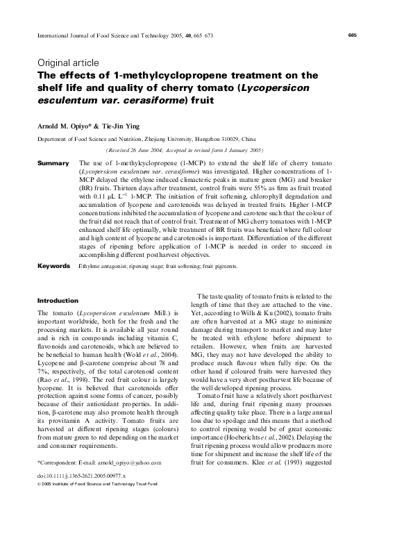 (PDF) The effects of 1-methylcyclopropene treatment on the shelf life and quality of cherry ...