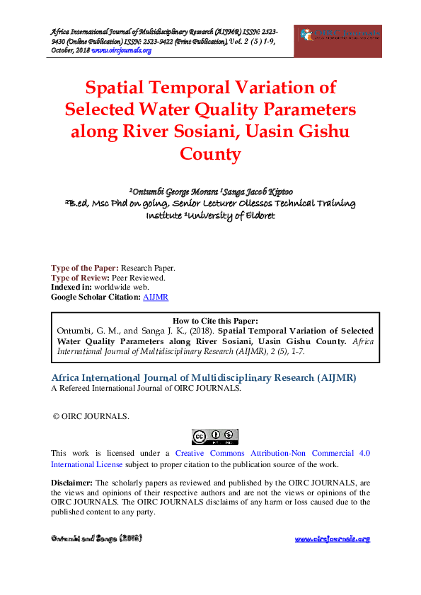 Pdf Spatial Temporal Variation Of Selected Water Quality Parameters