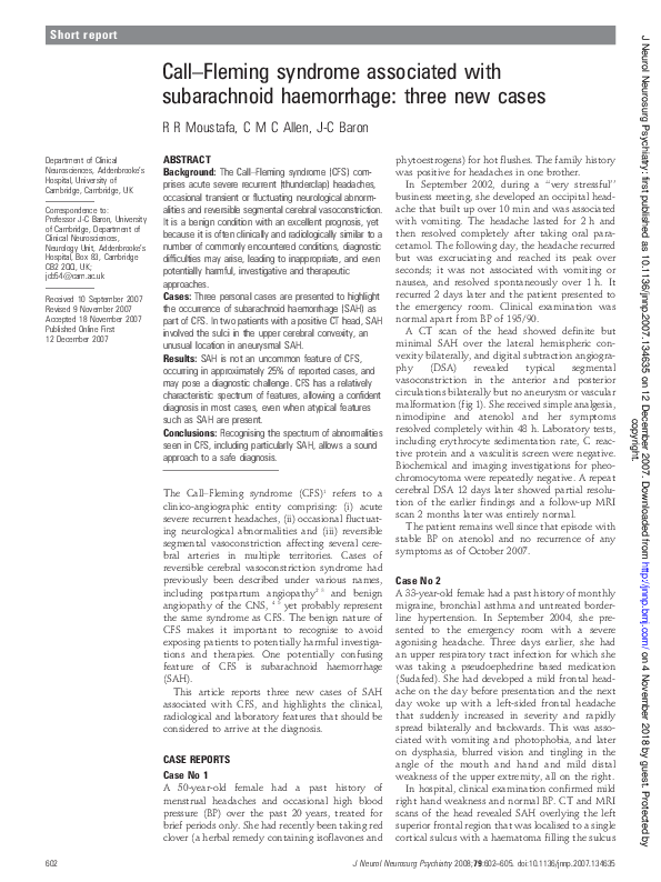 (PDF) Call-Fleming syndrome associated with subarachnoid haemorrhage ...