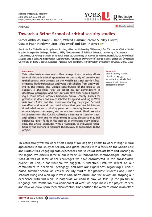 (PDF) Towards a Beirut School of critical security studies | Waleed ...