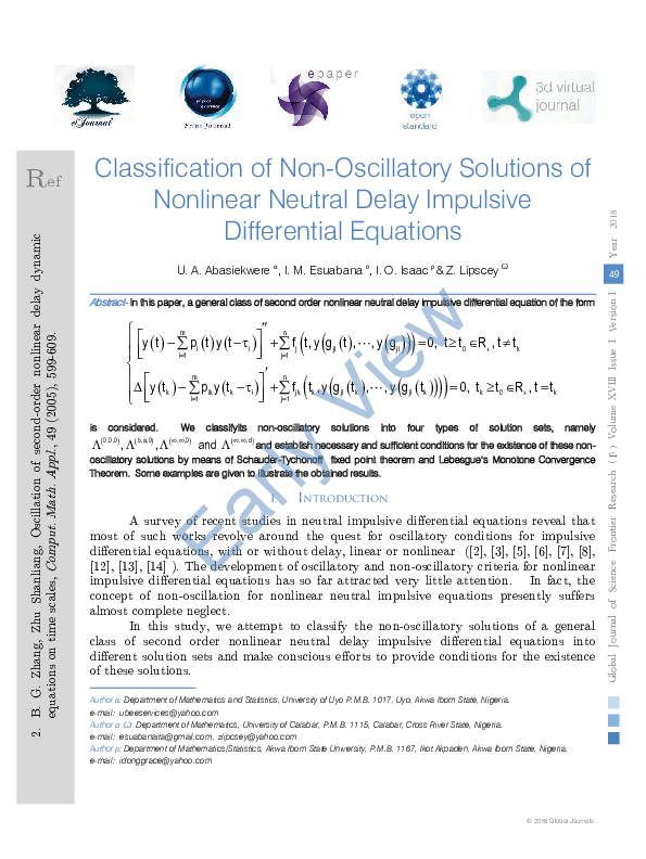 Pdf Classification Of Non Oscillatory Solutions Of Nonlinear Neutral Delay Impulsive