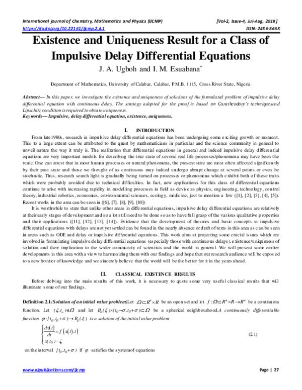 Pdf Existence And Uniqueness Result For A Class Of Impulsive Delay Differential Equations