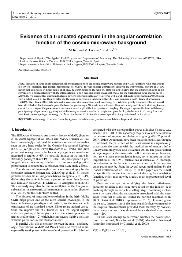 (PDF) Evidence of a truncated spectrum in the angular correlation function of the cosmic ...
