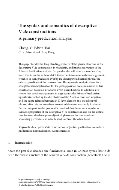 Pdf The Syntax And Semantics Of Descriptive V De Constructions A