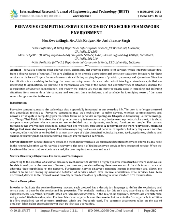 (PDF) IRJET- PERVASIVE COMPUTING SERVICE DISCOVERY IN SECURE FRAMEWORK ENVIRONMENT