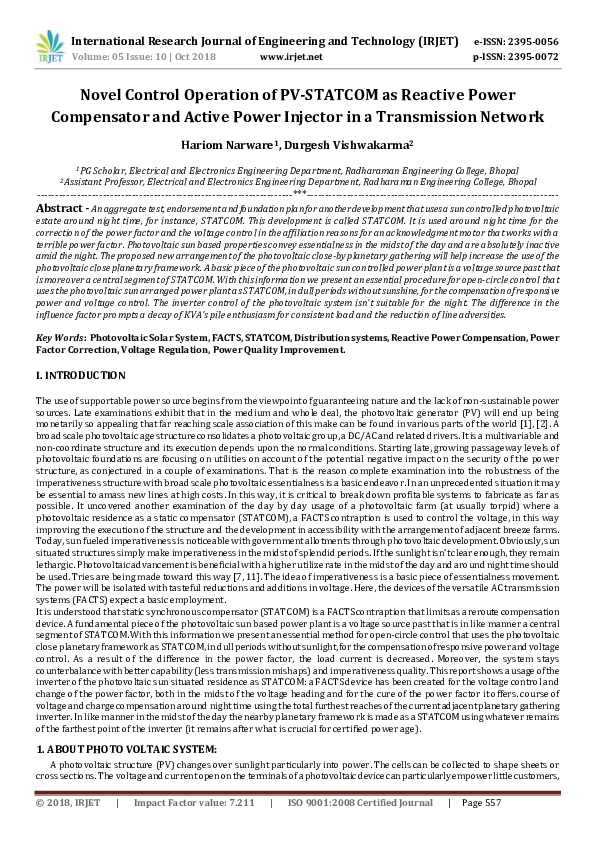 (PDF) IRJET- Novel Control Operation of PV-STATCOM as Reactive Power ...