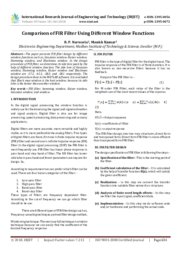 Pdf Irjet Comparison Of Fir Filter Using Different Window Functions