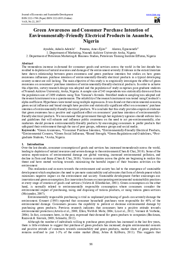 (PDF) Green Awareness and Consumer Purchase Intention of Environmentally-Friendly Electrical ...