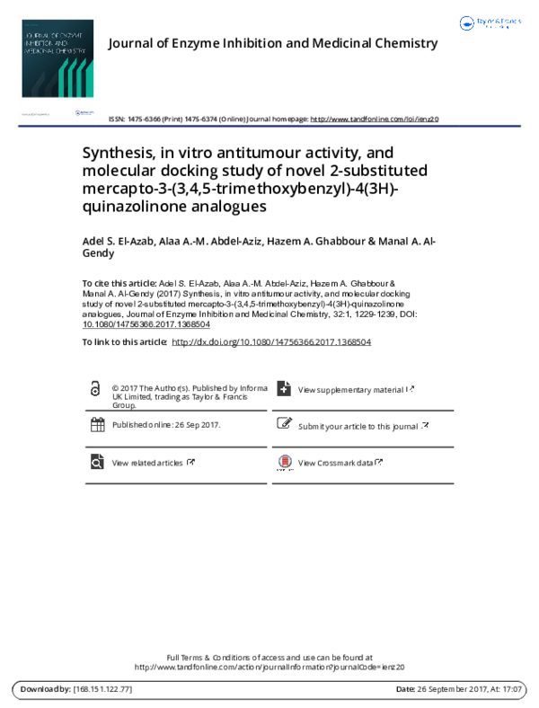 (PDF) Synthesis, cytotoxic evaluation and molecular docking study of novel quinazoline ...