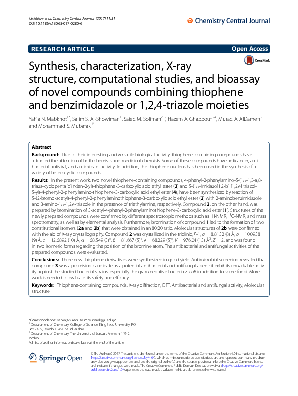 (PDF) Synthesis, characterization, X-ray structure, computational studies, and bioassay of novel ...