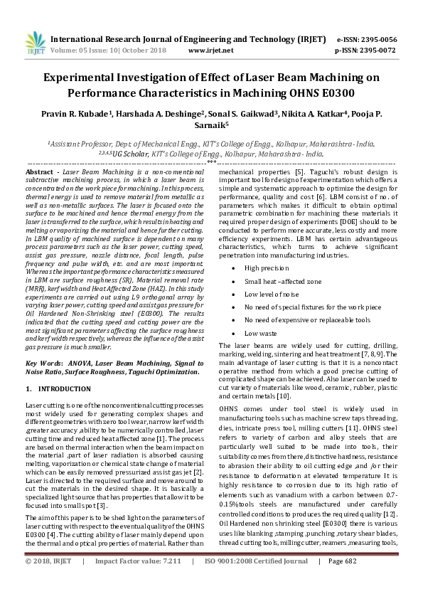 (PDF) IRJET- Experimental Investigation of Effect of Laser Beam Machining on Performance ...