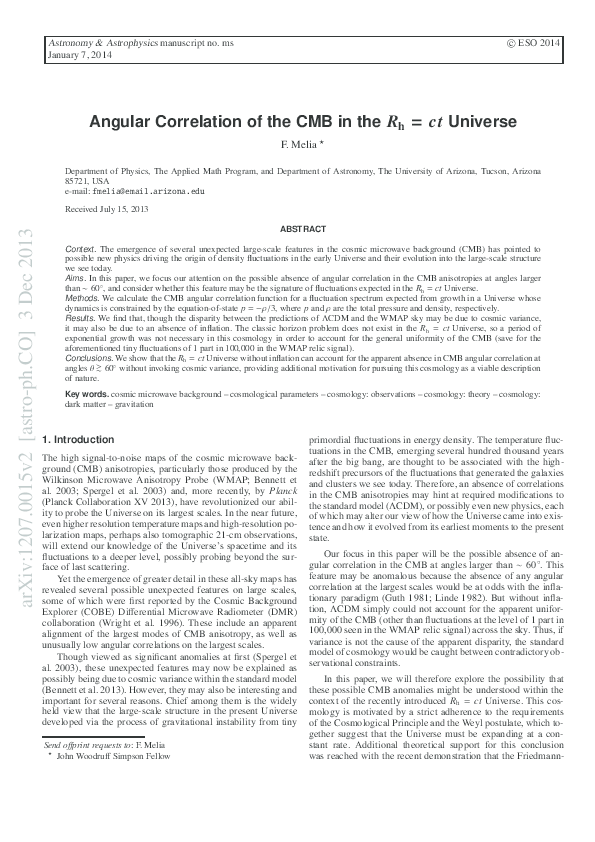 Pdf Angular Correlation Of The Cmb In The R H Ct Universe
